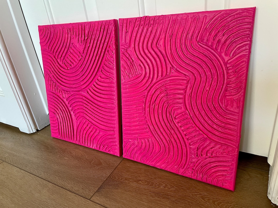 Magenta Fuschia Pink Midcentury Textured Abstract Canvas Wall Art | SET ...