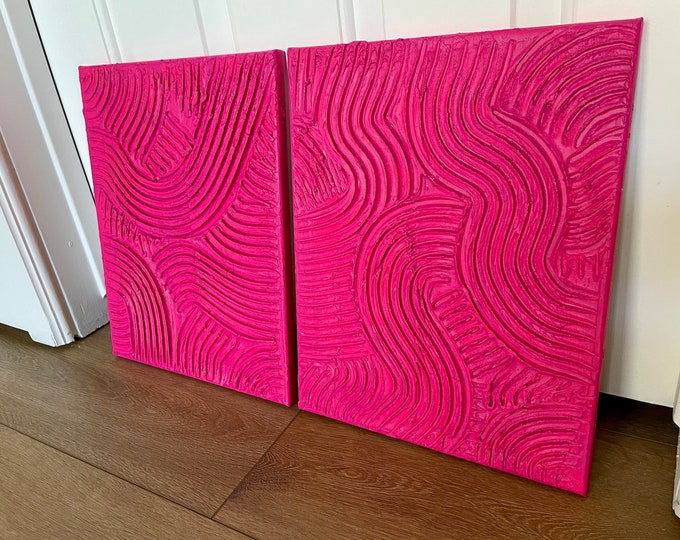 Magenta Fuschia Pink Midcentury Textured Abstract Canvas Wall Art | SET ...