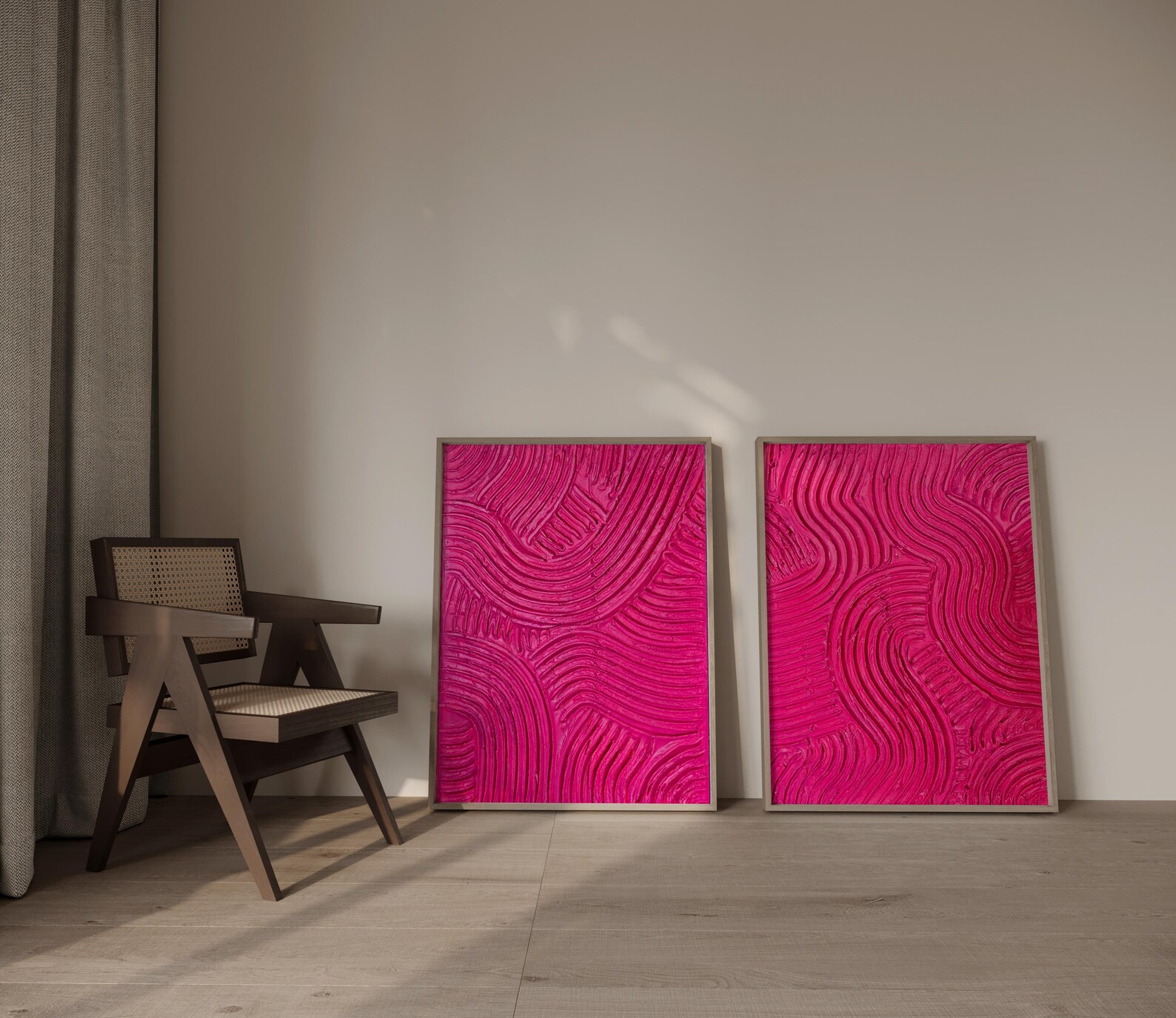Magenta Fuschia Pink Midcentury Textured Abstract Canvas Wall Art | SET ...