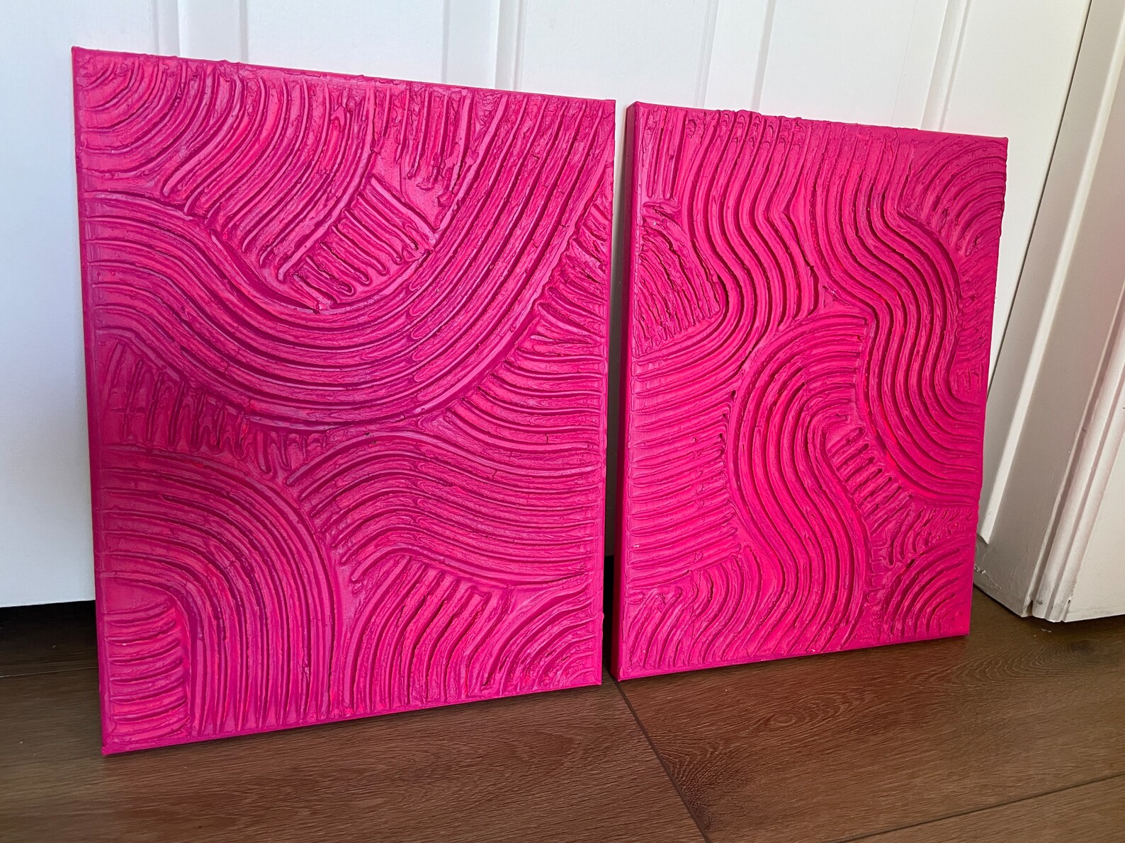 Magenta Fuschia Pink Midcentury Textured Abstract Canvas Wall Art | SET ...