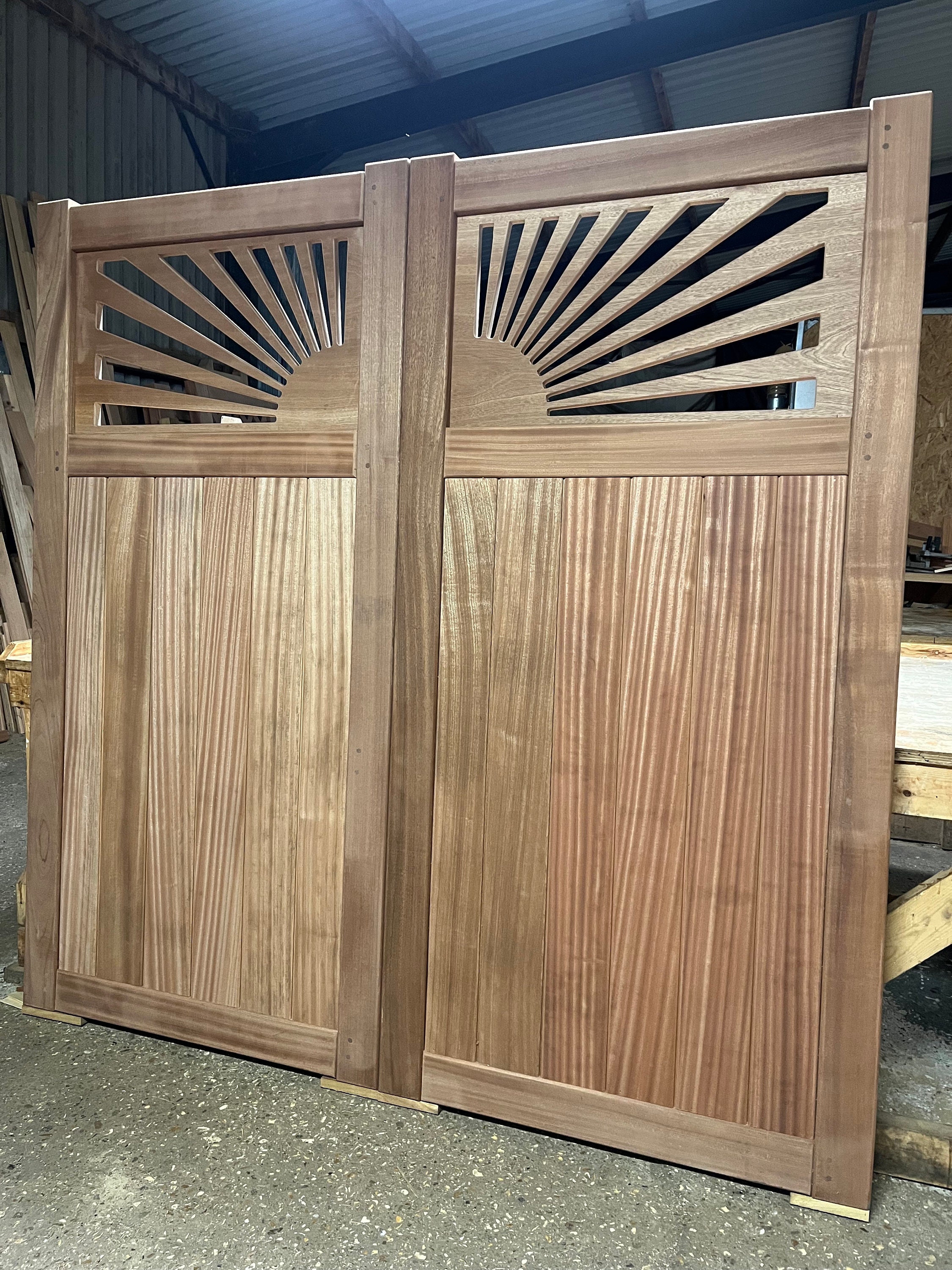 Wooden Driveway Gates in Sapele Hardwood Sunrise Detail Art Deco 1920s ...