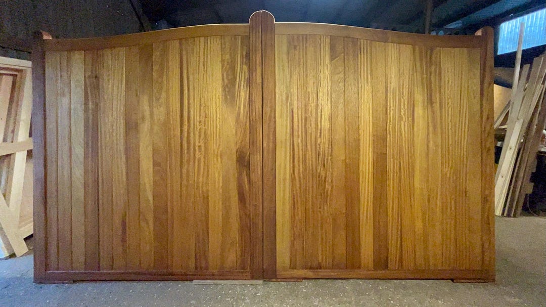 Hardwood Driveway Gates, Swan Neck Top, Handmade Wooden Gates in Iroko ...