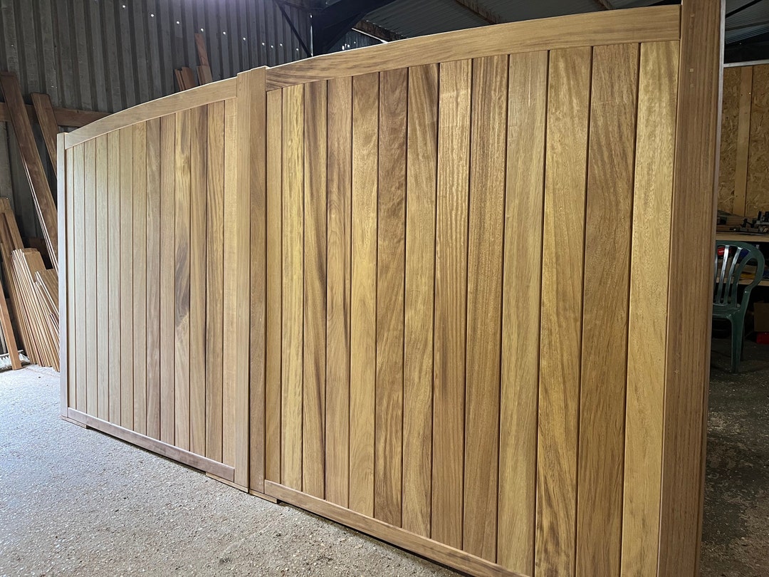 Hardwood Driveway Gates in Iroko or Sapele Bespoke Curve Top Wooden ...