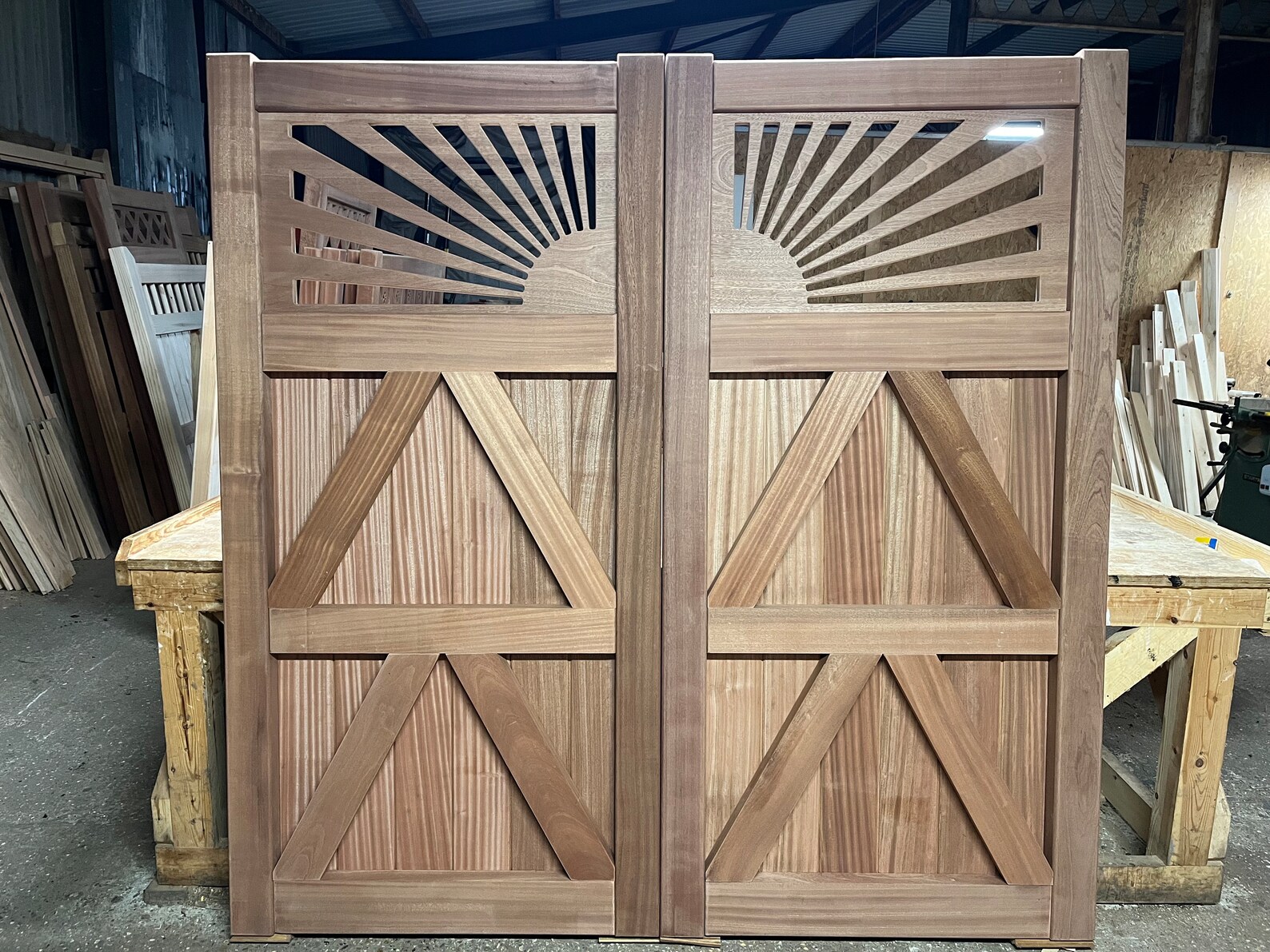 Wooden Driveway Gates in Sapele Hardwood Sunrise Detail Art Deco 1920s ...
