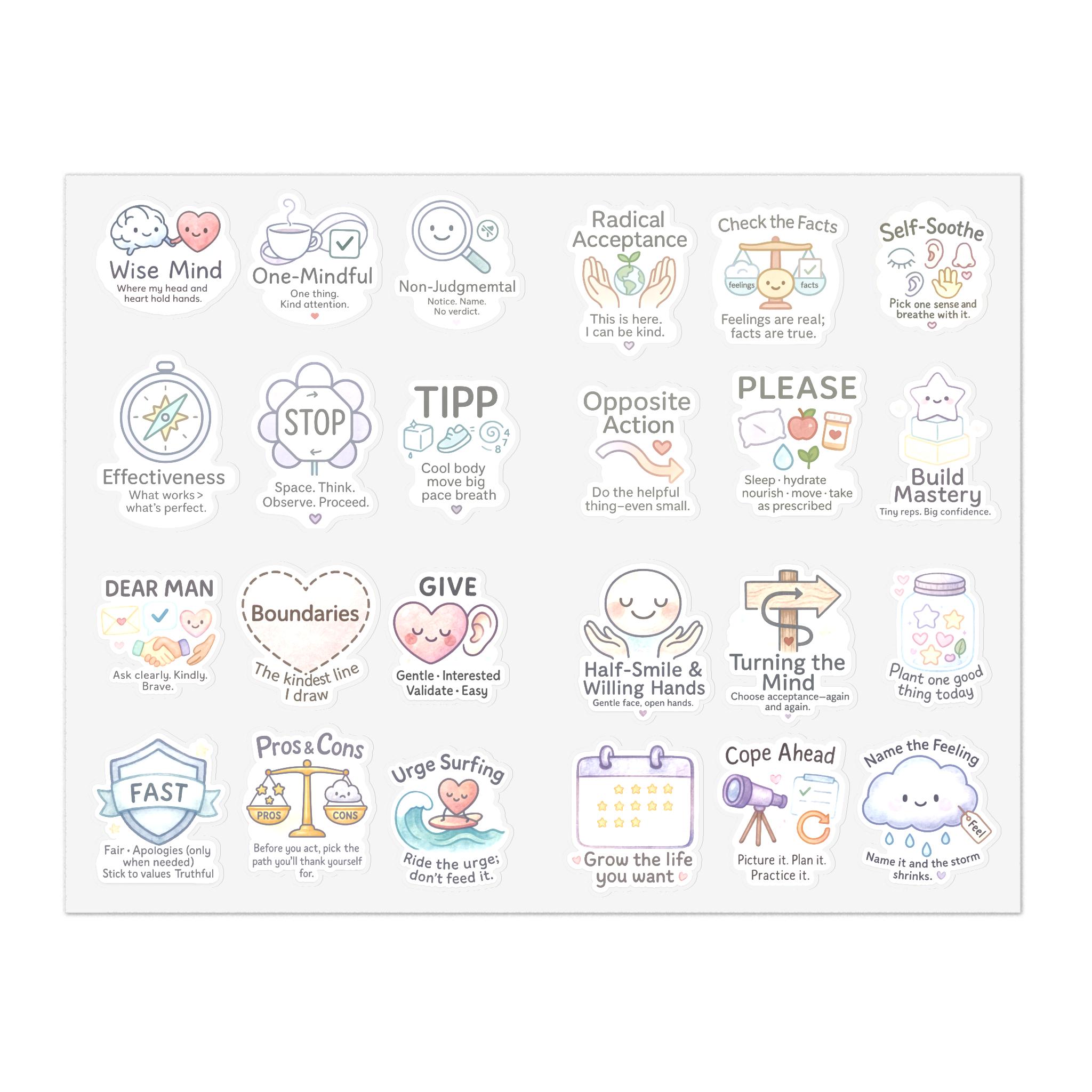 DBT Skills Sticker Sheets - Pastel Watercolor Therapy Stickers, Set of ...