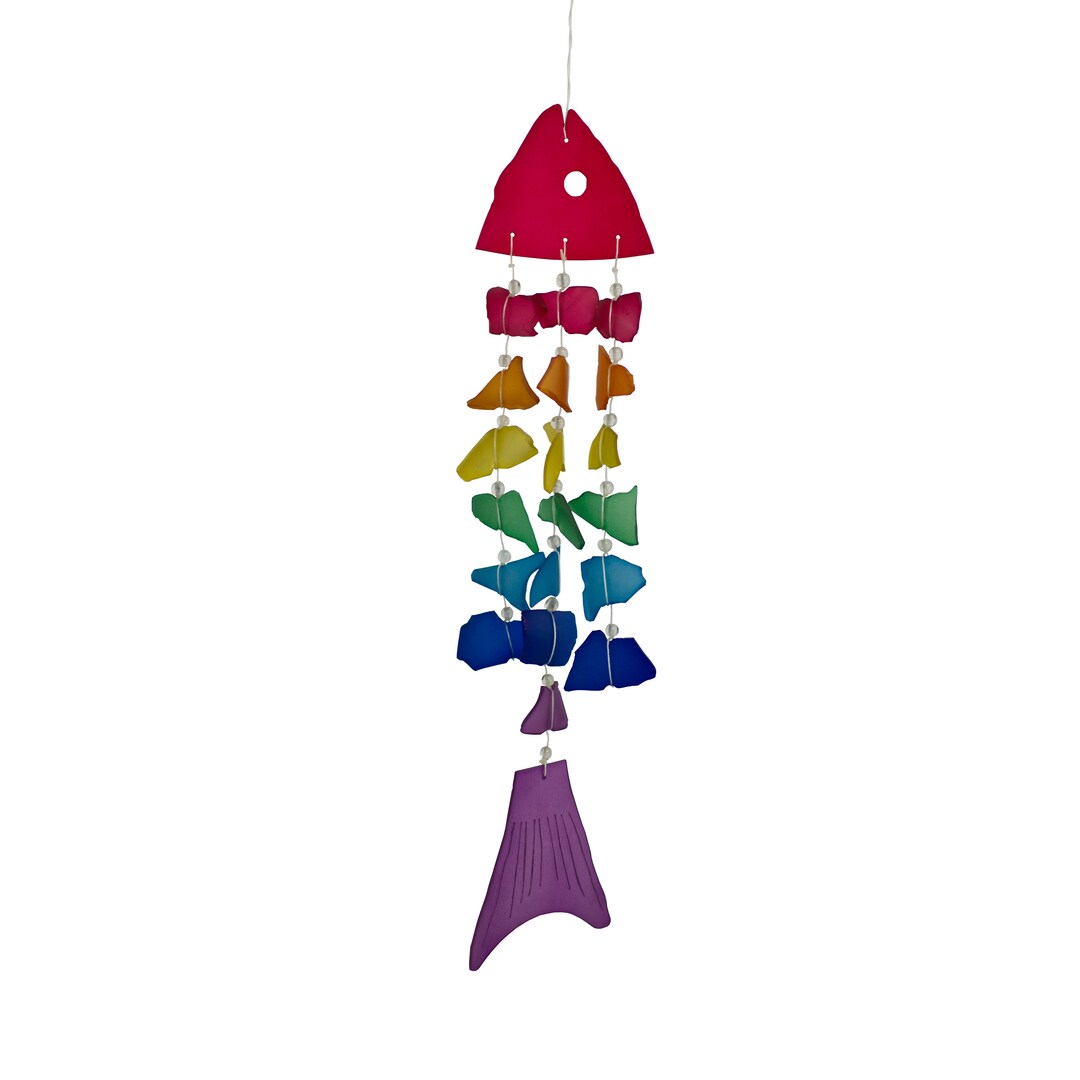 Wind Chime Fish Handcrafted Tumbled Glass Rainbow Bone Fish Outdoor ...