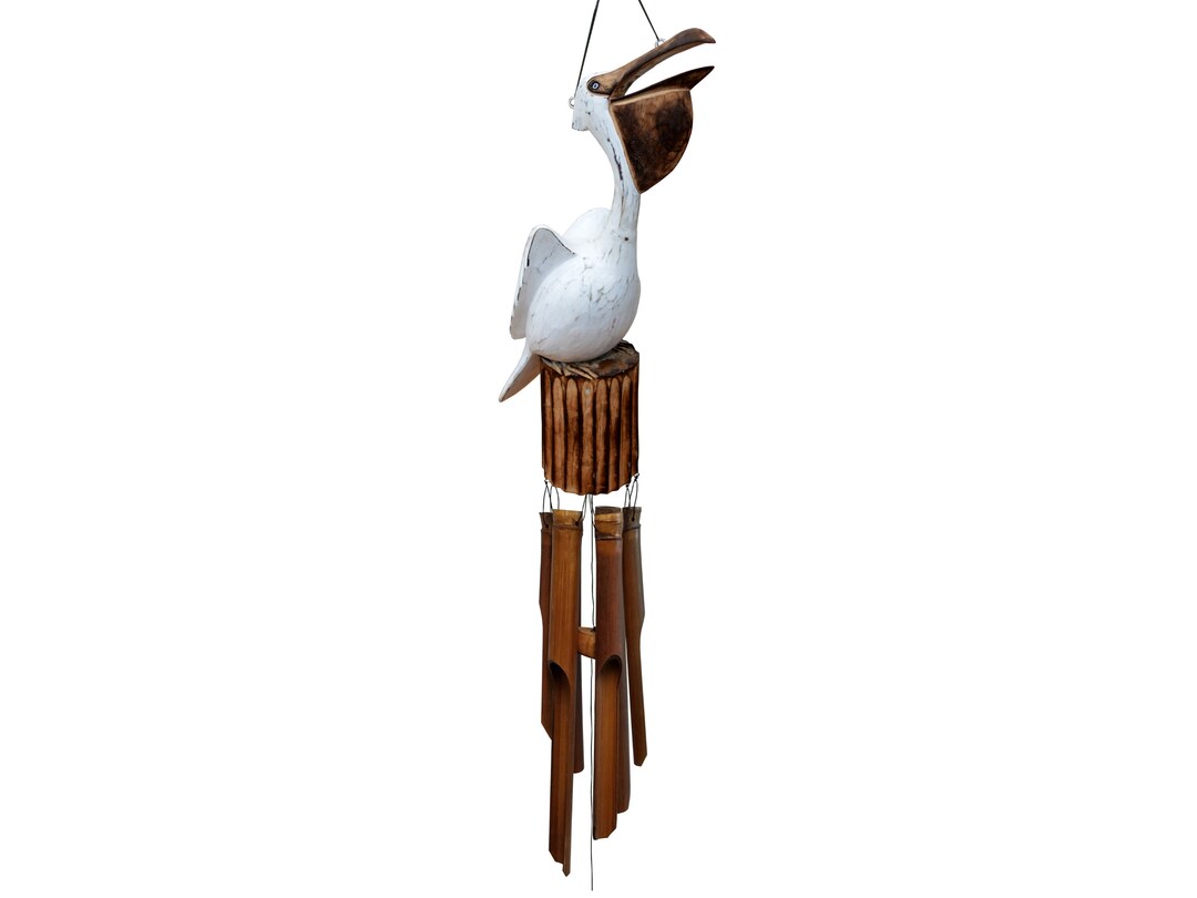 Wind Chime Bird Handcrafted Wooden Bamboo Open Mouth Pelican Outdoor ...