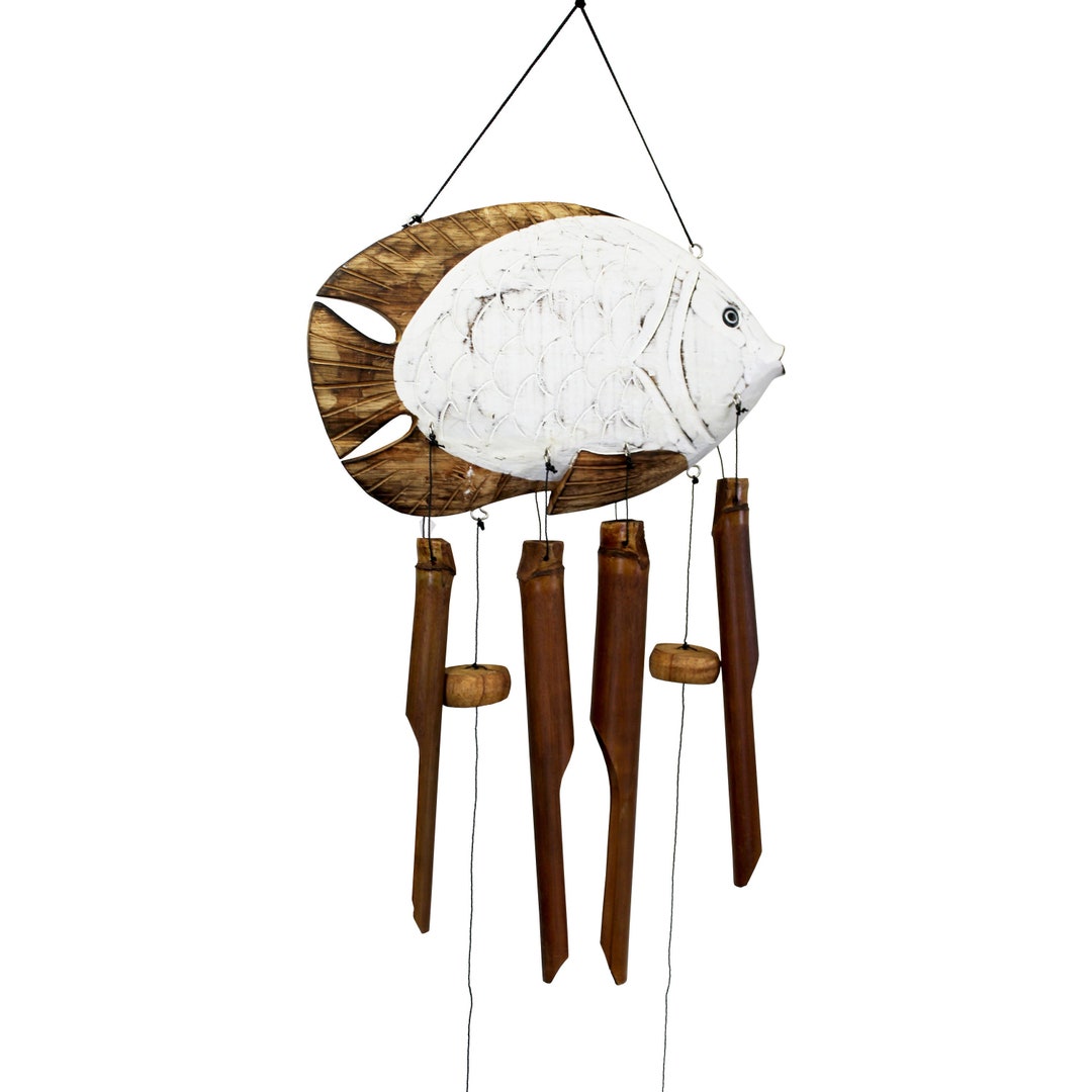 Wind Chime Fish Handmade Wooden Bamboo White Sun Fish Outdoor Garden ...