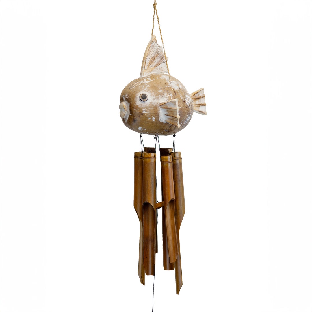 Wind Chime Fish Handcrafted Wooden Bamboo Coconut Fish Outdoor Garden ...
