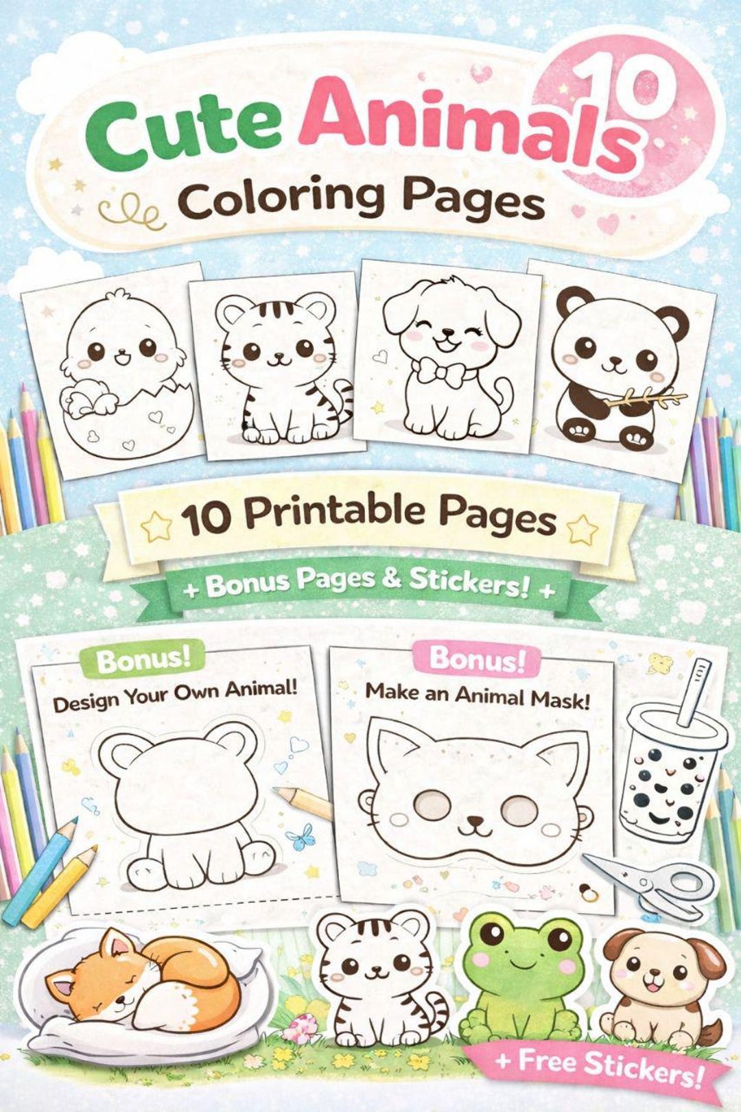 Cute Animal Coloring Pages | Kids Printable Activity Pack | 10 Pages ...