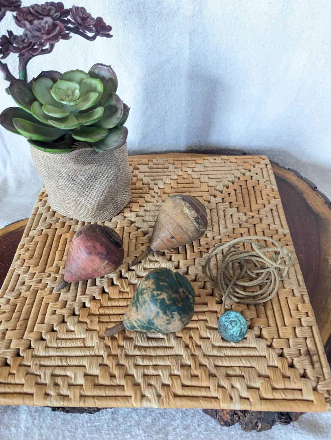 Antique Toy Spinning Tops Set of 3 Toy Collectibles Red, Green, Natural ...