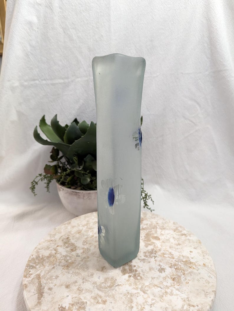 Mexico, Recycled Glass, Blue Flower Vase, Etching, Frosted, Tall! 2 1/2 ...
