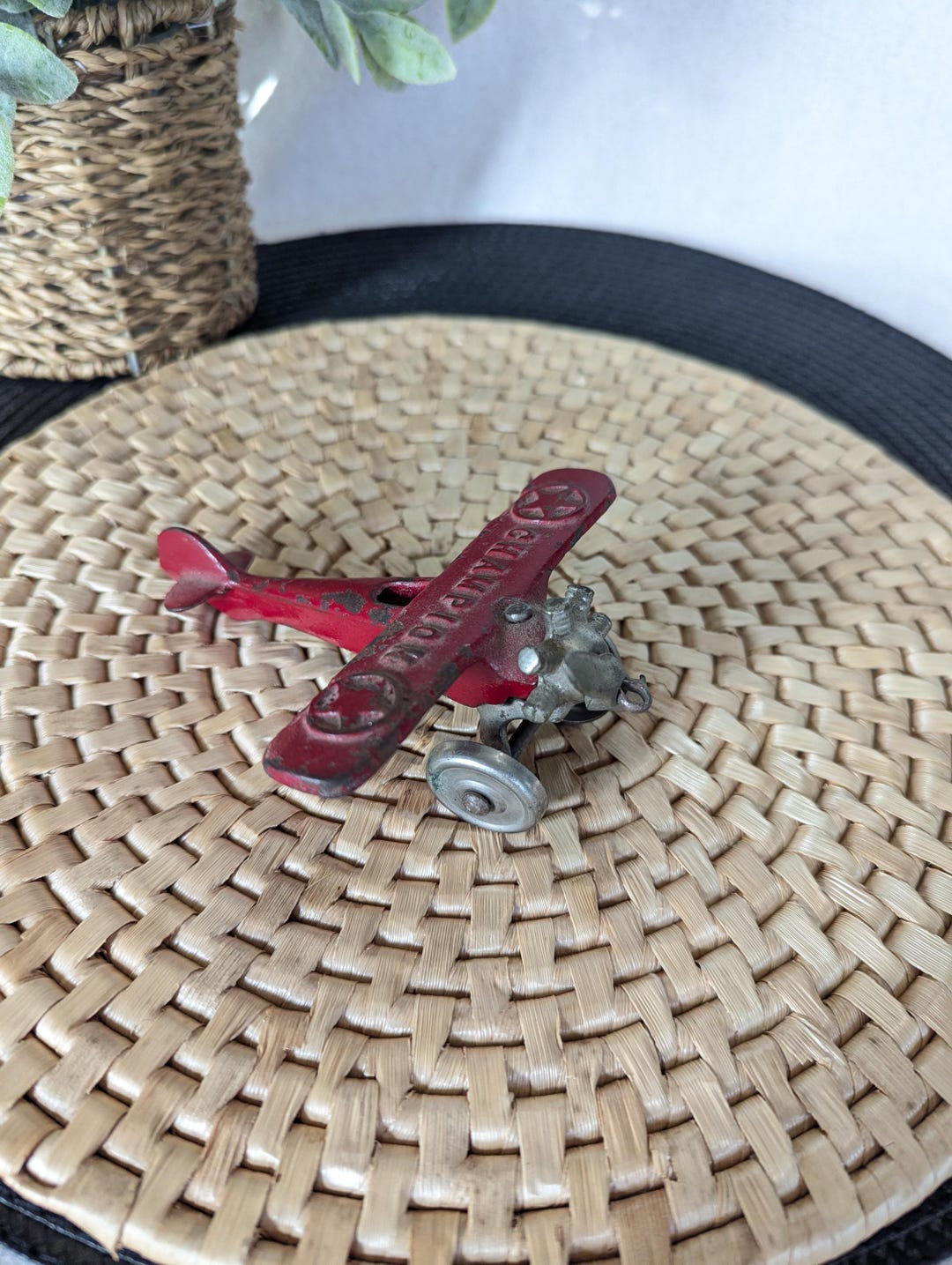 Cast Iron and Nickle Toy Airplane - Red - Champion Hardware With Two ...