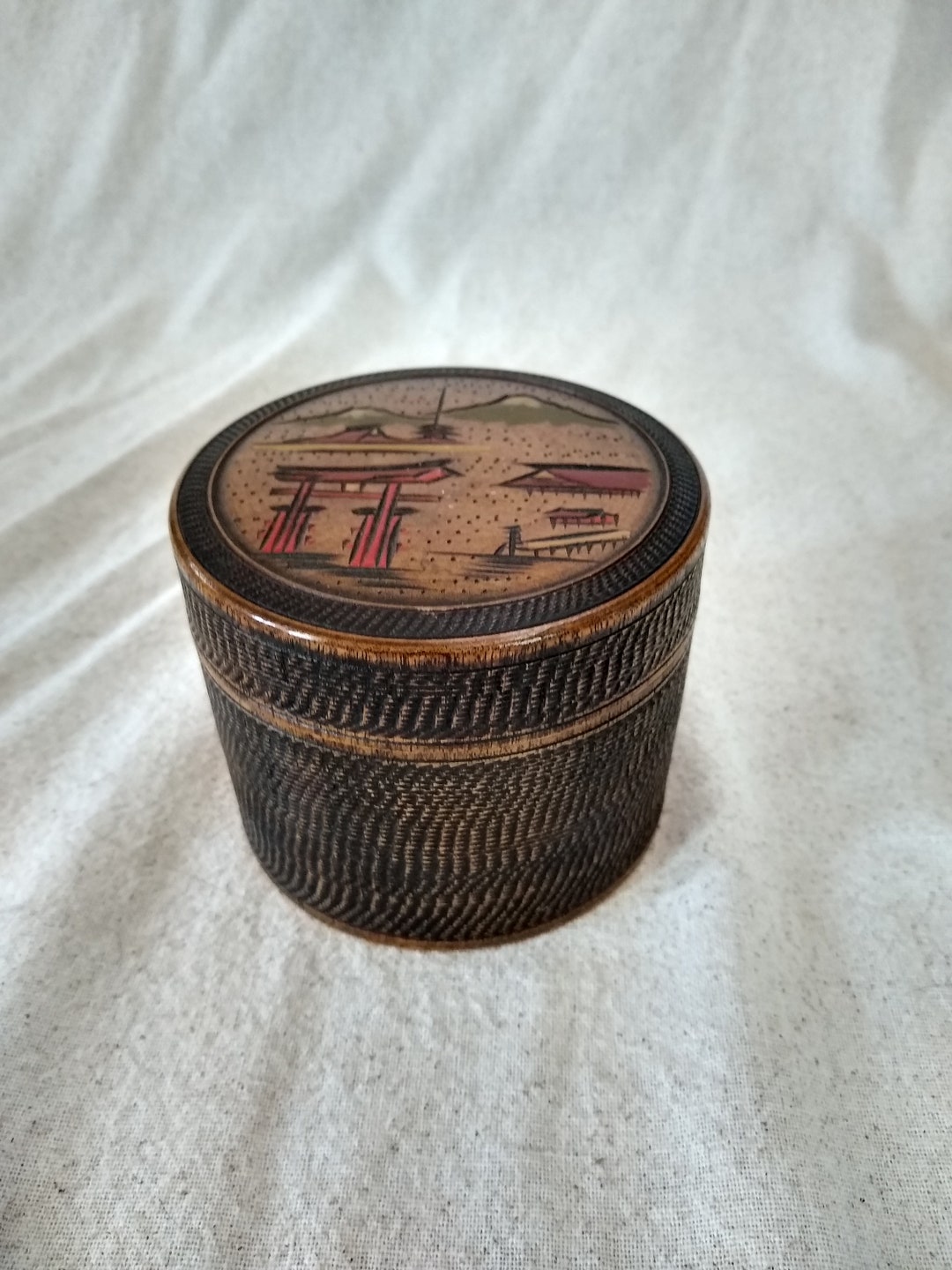 Japanese Teakwood Round Box With 10 Coasters Hand Carved Details and ...