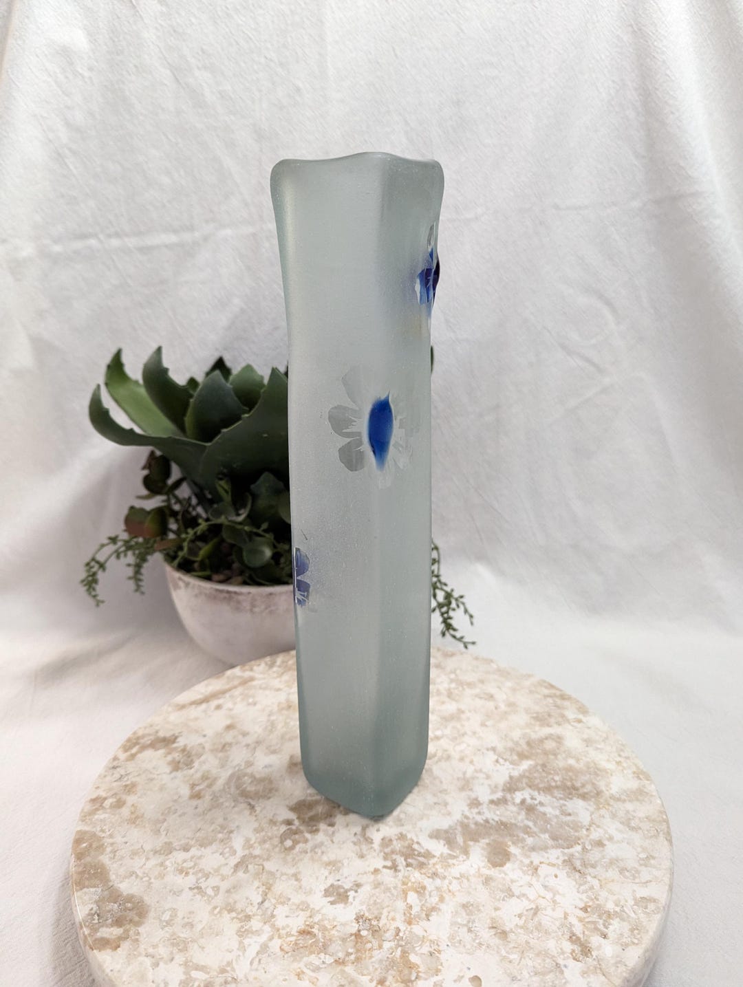 Mexico, Recycled Glass, Blue Flower Vase, Etching, Frosted, Tall! 2 1/2 ...