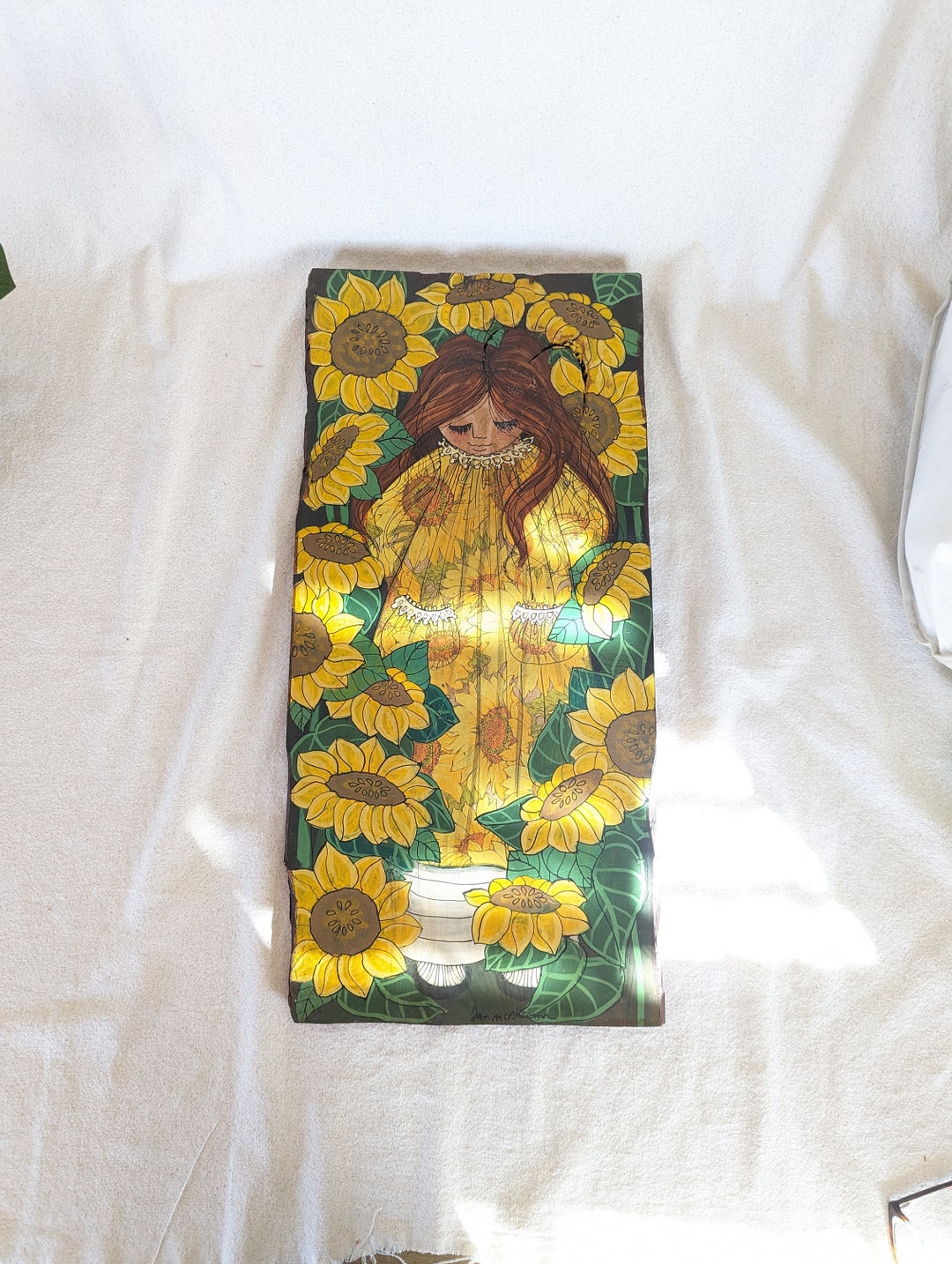 Original Jan Mcpherson Sunflower Girl Painted on Wood 1970's 11 3/8 X ...