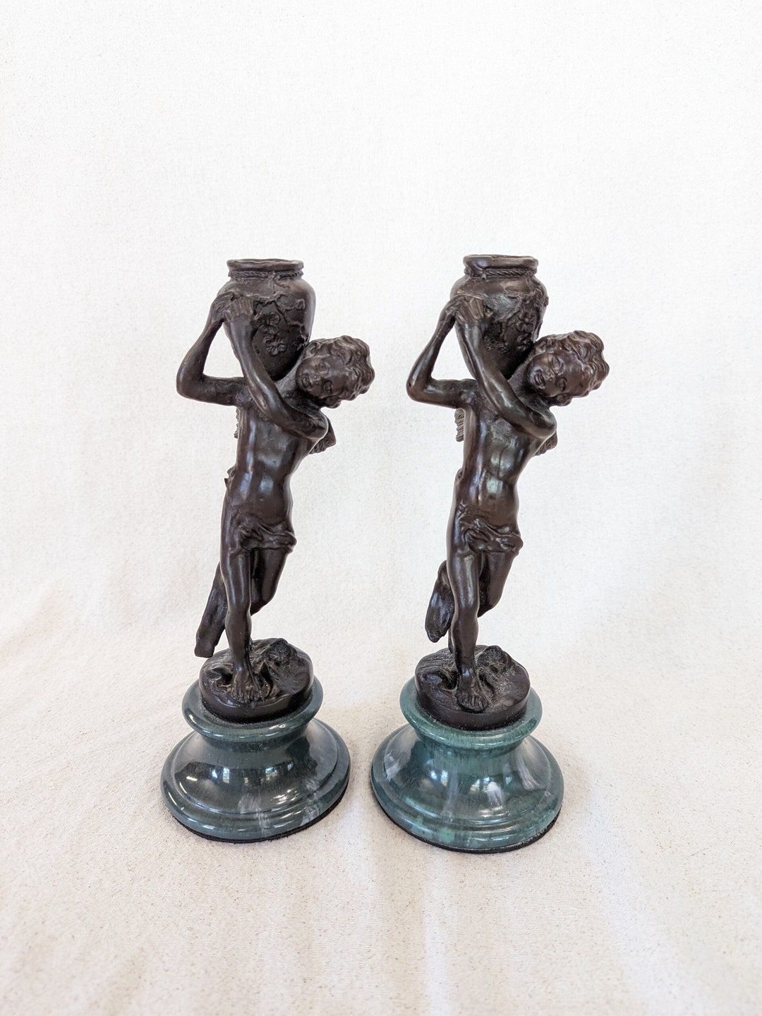 Pair of Bronze Cherubs Carrying Water Jugs Candleholders Green Marble ...