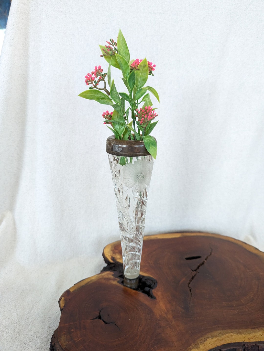 Car Bud Vase - Cut Glass With Embossed Silver (?) on Top and Bottom ...