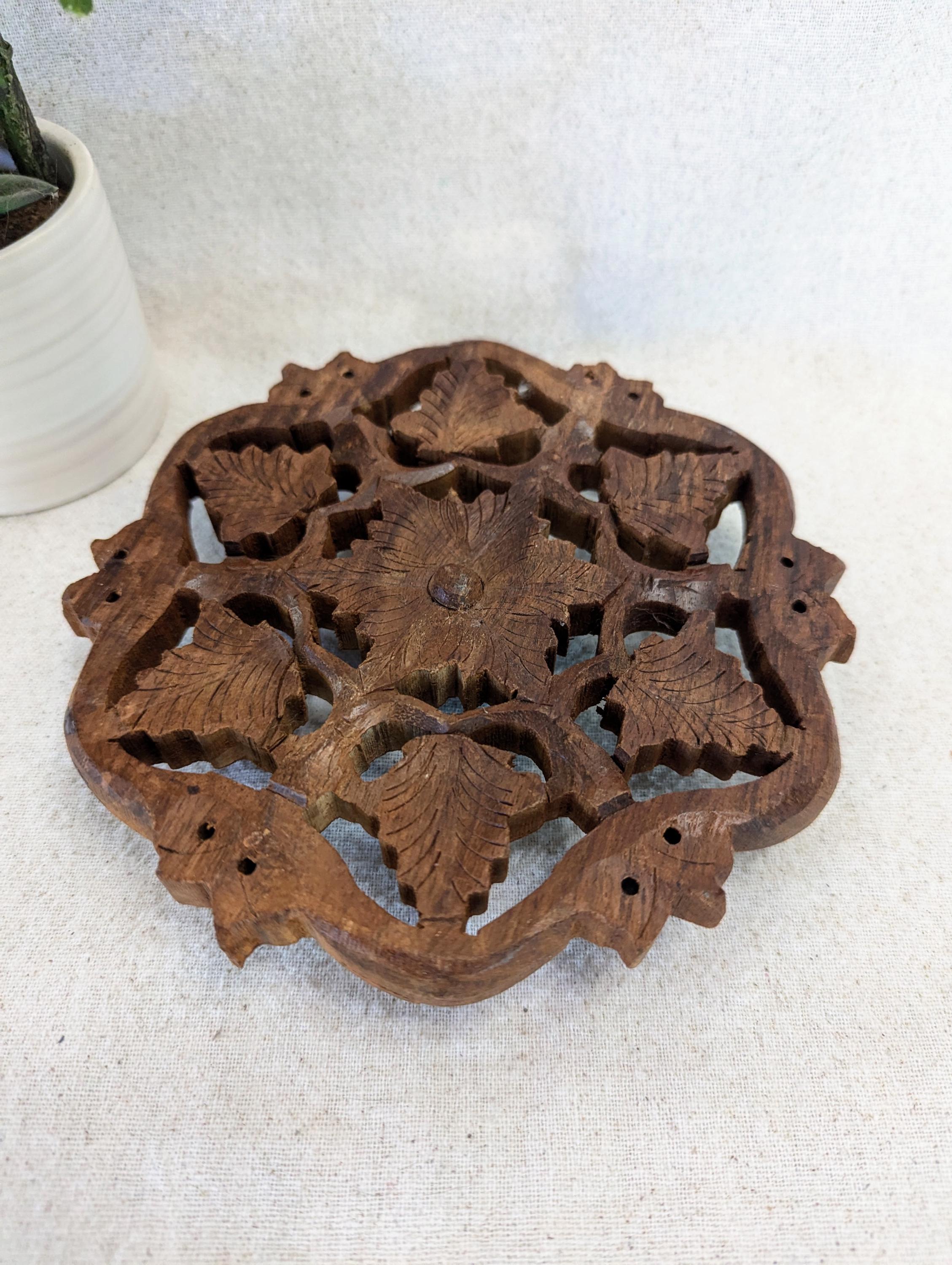 Teak Wood Trivet - India - Flower & Leaves - With Ball Feet - 6" in ...