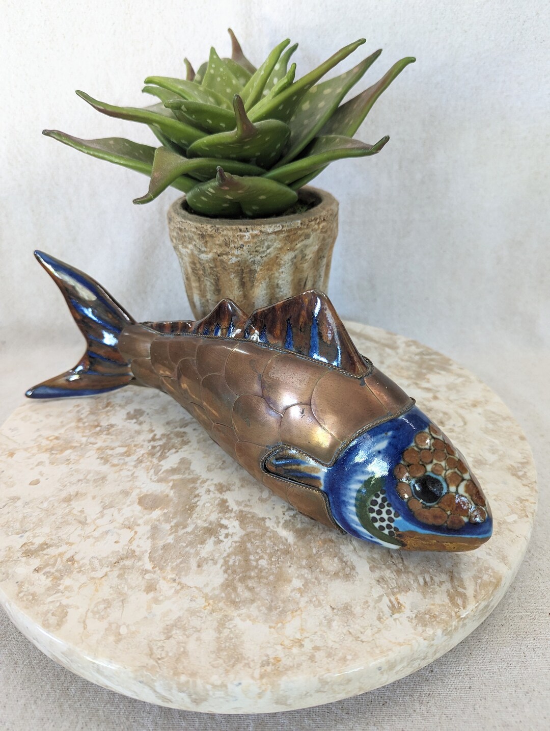 Tonala and Copper Scaled Fish Mexican Folk Art Ceramics 3 1/4 X 10 3/4 ...