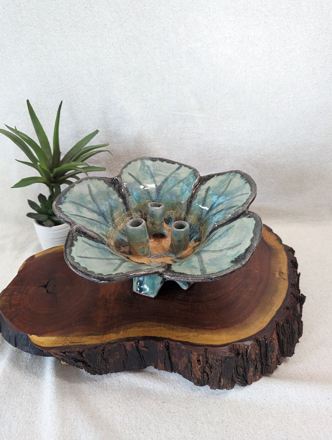 Studio Pottery Vase Flower Frog Vase 3 Frogs Vase Blue Ceramic Vase ...