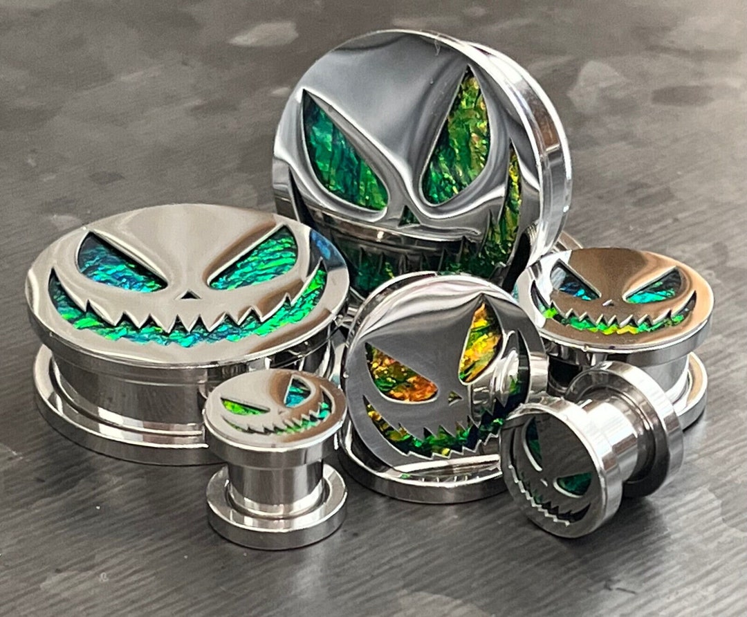 PAIR of Scary Jack-o-lantern Steel Screw Fit Tunnels/plugs Gauges 0g ...