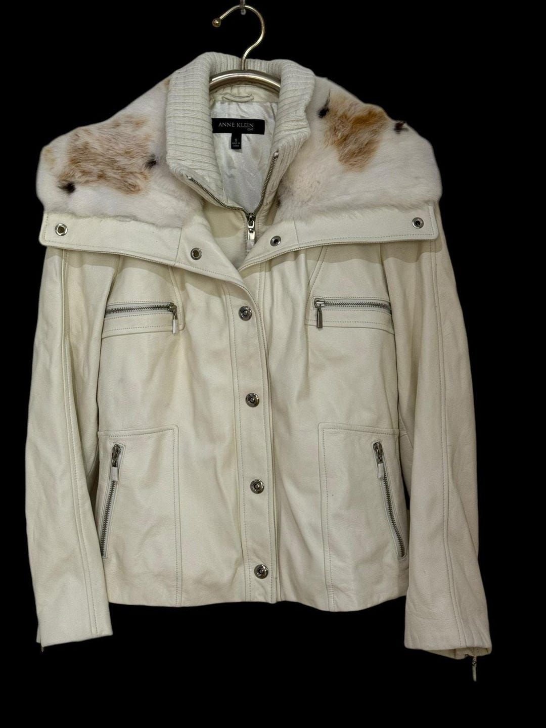 Vintage Anne Klein Cream Leather Jacket Rabbit Fur Collar Mobwife S - Etsy