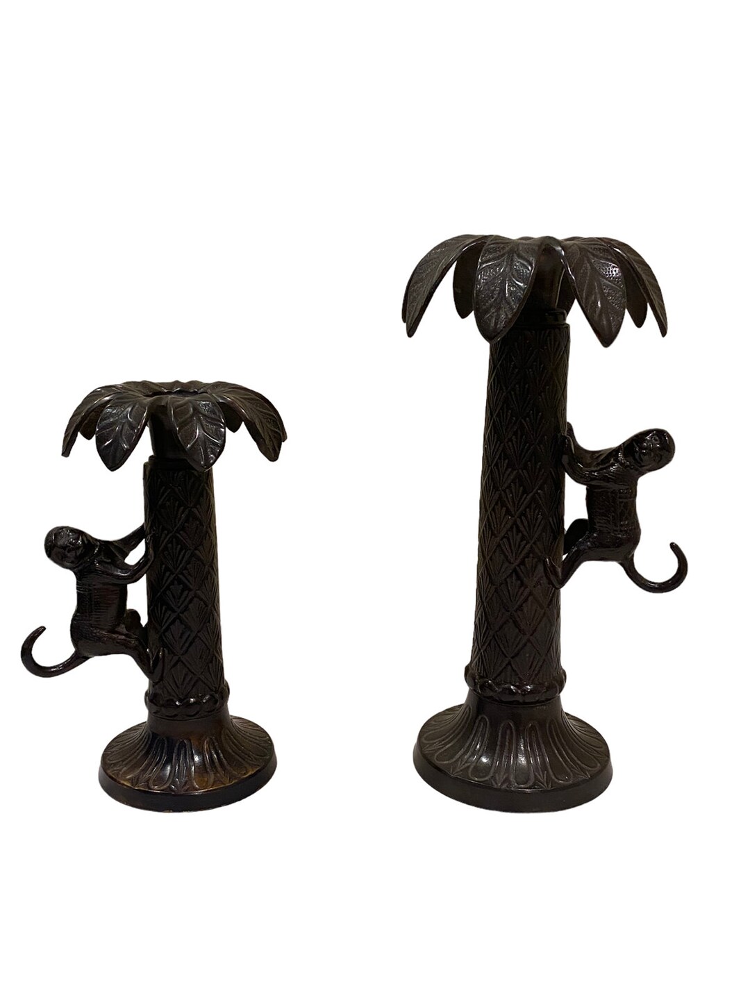 2 Vintage Bombay Holders Monkey Palm Tree 7” & 10” Metal Candlesticks ...