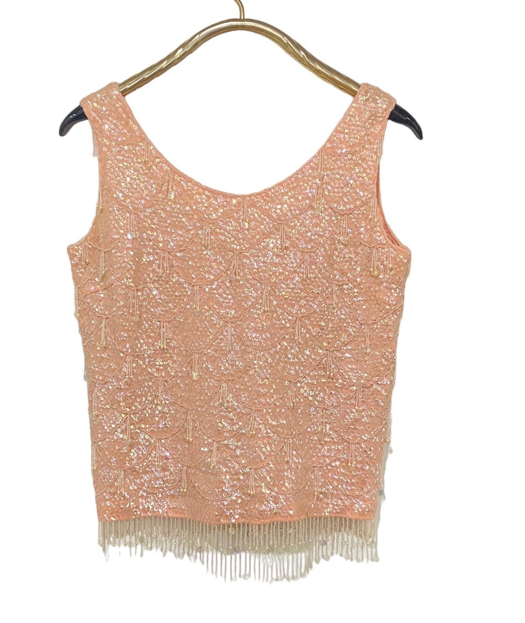 Vintage 60s Pink Bead Sequin Fringe Shell Tank Top L - Etsy