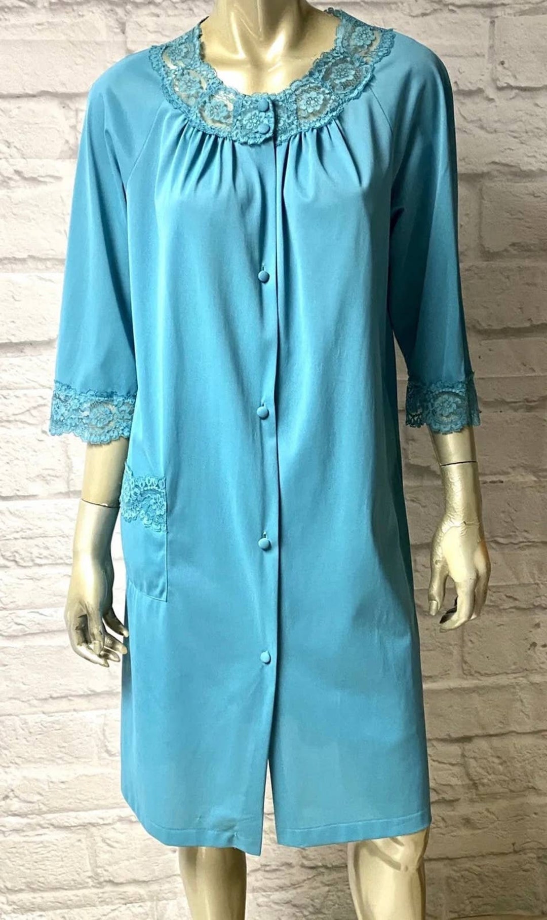 VTG Vanity Fair Turquoise Nylon Robe Housecoat Lace Trim Pocket 32 XS ...