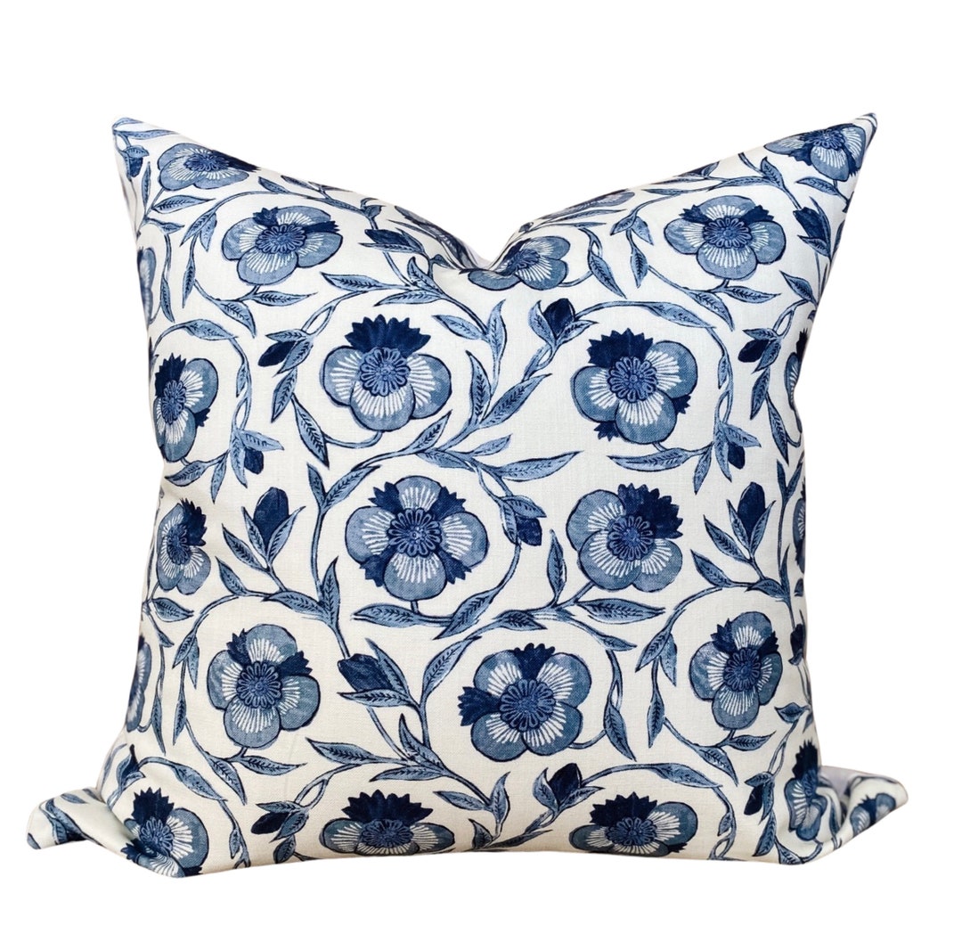 Floral in Blue Clay, Block Print Designer Accent Pillow Cover, High End ...