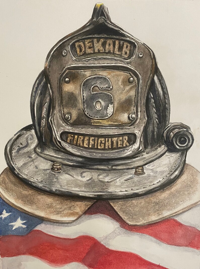 Custom Fire Helmet Drawing / Colored Pencil and Watercolor / | Etsy