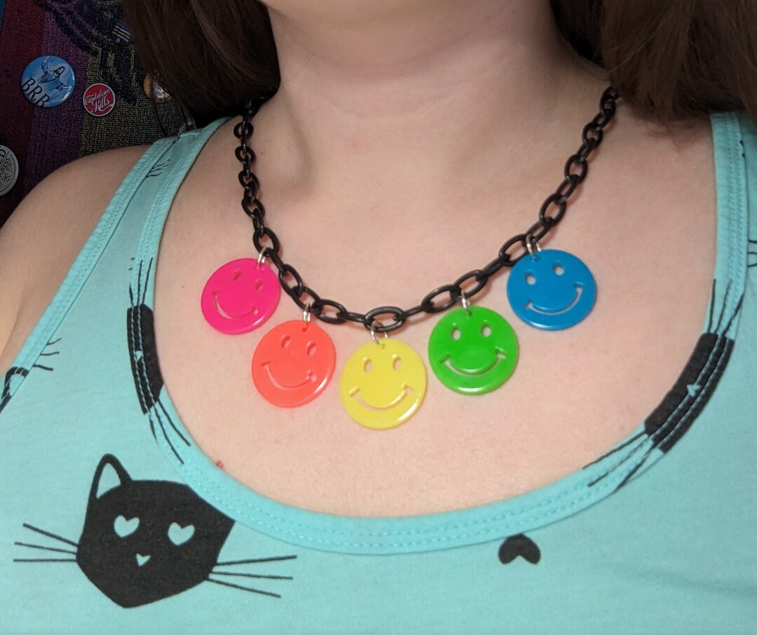 Rainbow Neon Smiley Face Statement Necklace / Scene Kid / Rave / Kitsch ...