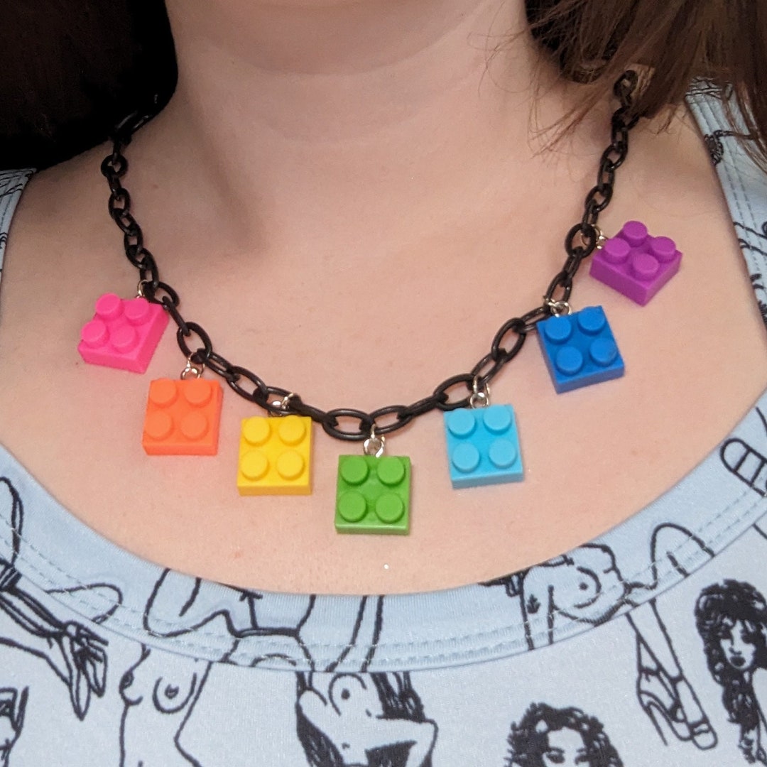 Neon and Black Rainbow Lego Brick Chunky Statement Necklace / Scene Kid ...