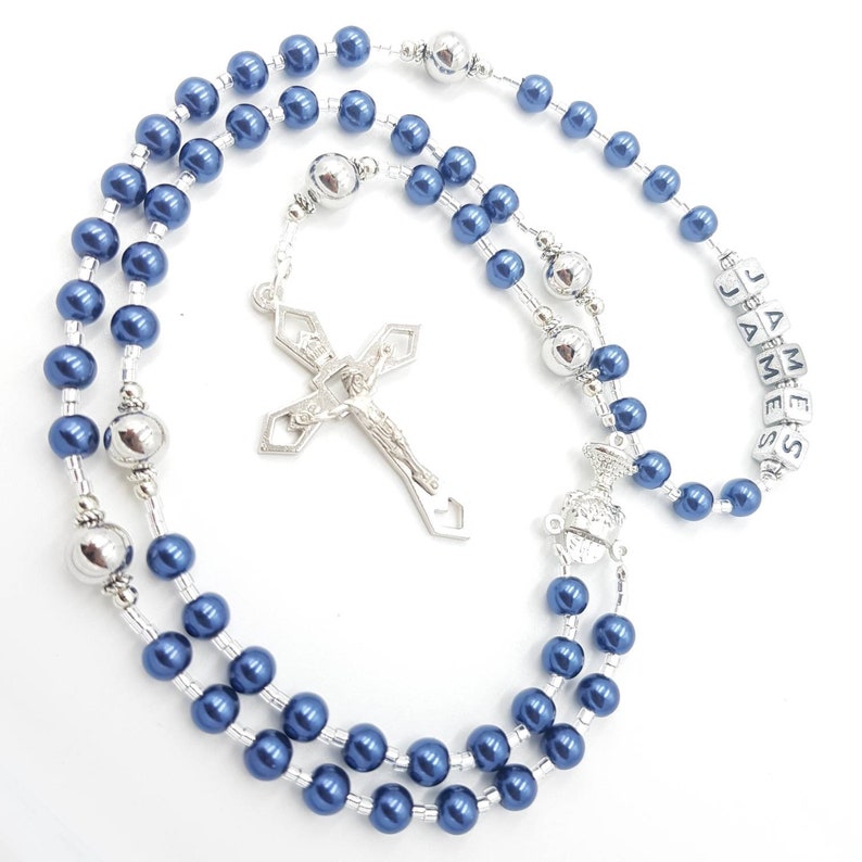 Personalised First Communion Rosary Beads in Navy Blue for | Etsy