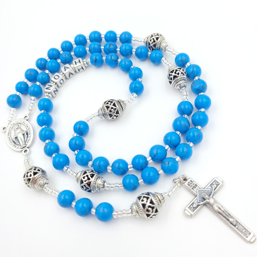 Personalised First Communion Rosary Beads in Blue for Boys, Christening ...