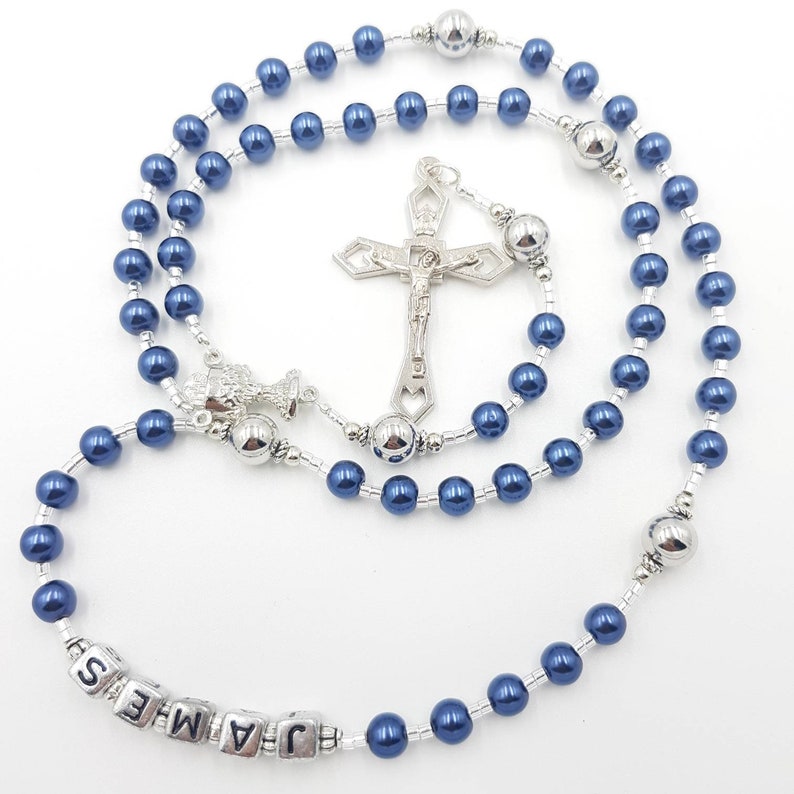 Personalised First Communion Rosary Beads in Navy Blue for | Etsy