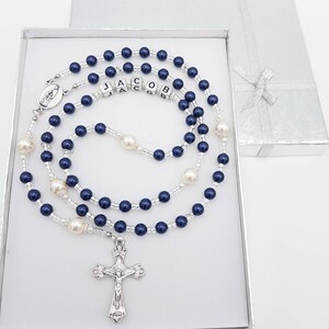 First Communion Gift for Boy, Personalised Rosary in Navy Blue for ...