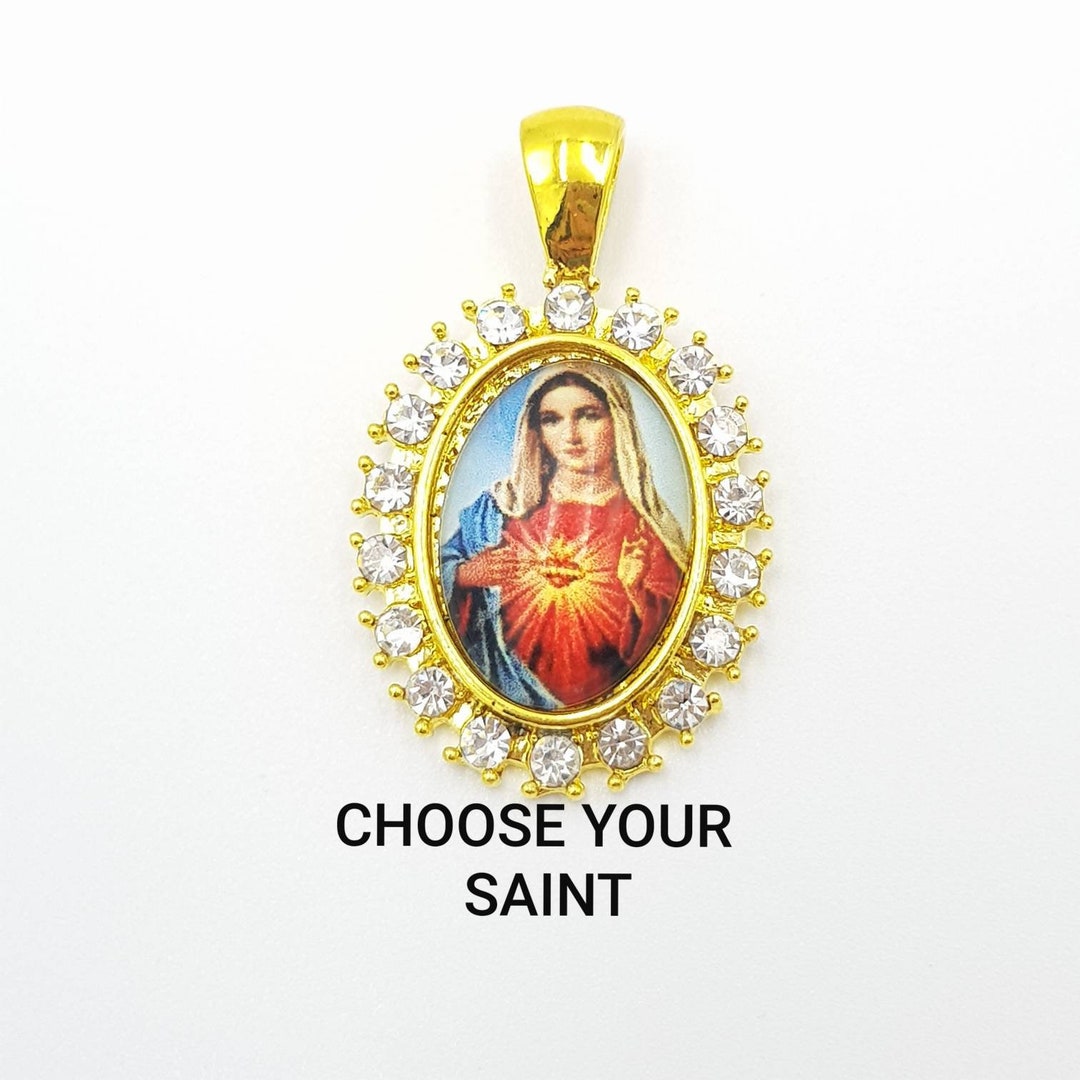 Catholic Saint Pendant With Rhinestones in Gold Tone, for DIY Necklace ...