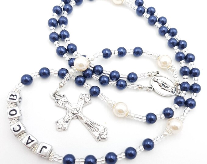 First Communion Gift for Boy, Personalised Rosary in Navy Blue for ...