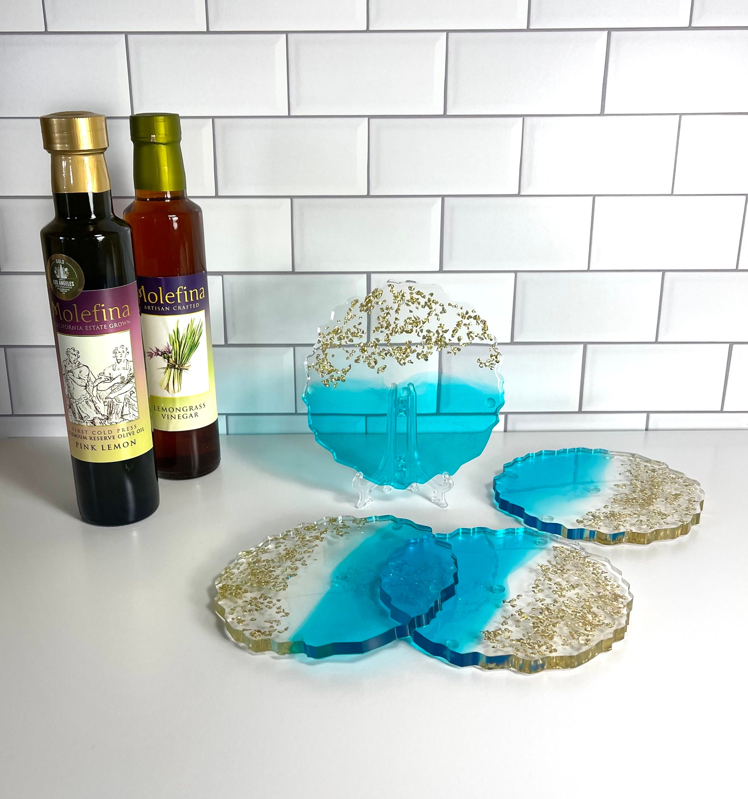 Transparent Aqua Blue, Gold and Clear Coaster Set of 4, Organic Shape 5 ...