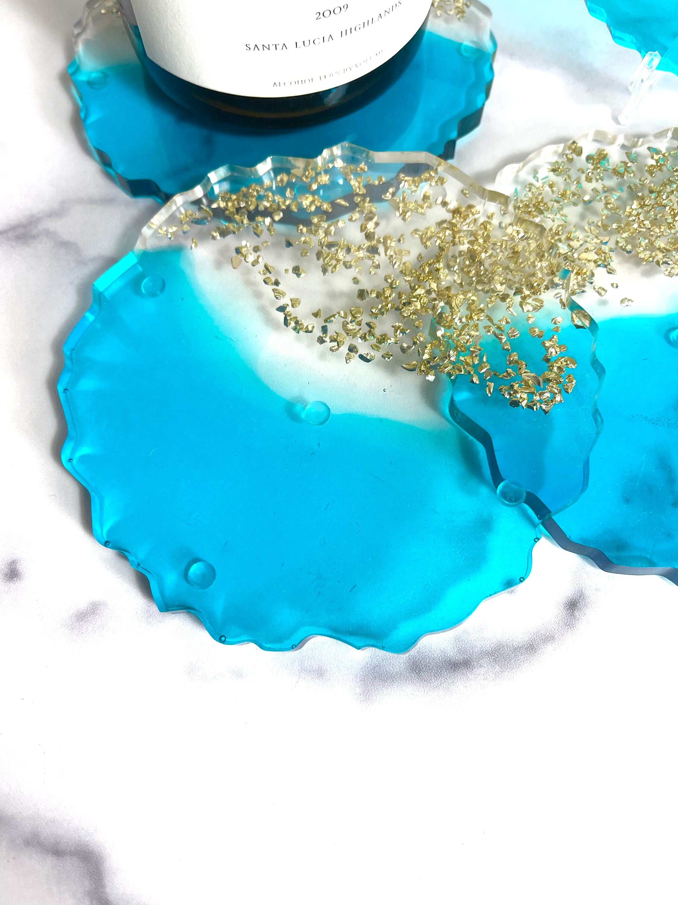 Transparent Aqua Blue, Gold and Clear Coaster Set of 4, Organic Shape 5 ...