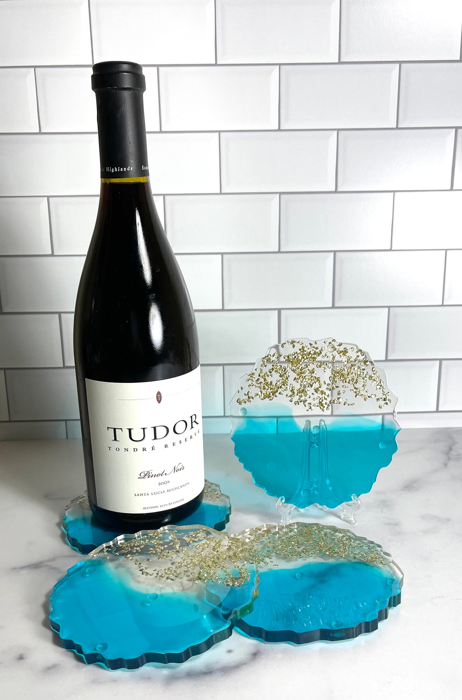 Transparent Aqua Blue, Gold and Clear Coaster Set of 4, Organic Shape 5 ...