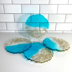 Transparent Aqua Blue, Gold and Clear Coaster Set of 4, Organic Shape 5 ...