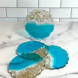 Transparent Aqua Blue, Gold and Clear Coaster Set of 4, Organic Shape 5 ...