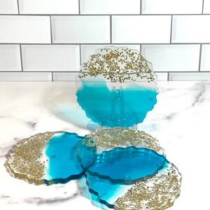 Transparent Aqua Blue, Gold and Clear Coaster Set of 4, Organic Shape 5 ...