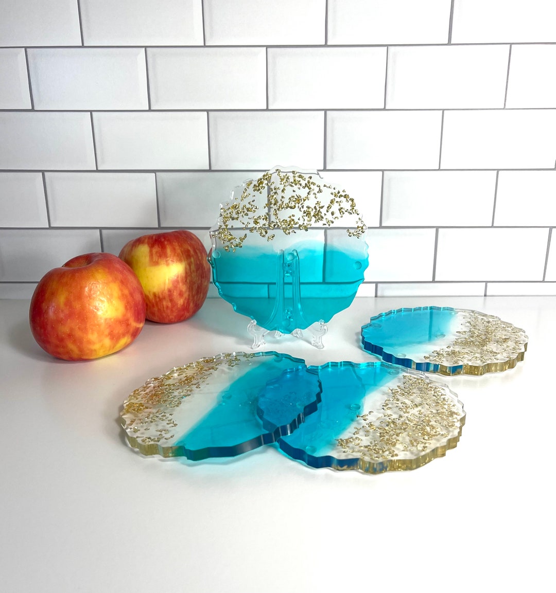 Transparent Aqua Blue, Gold and Clear Coaster Set of 4, Organic Shape 5 ...