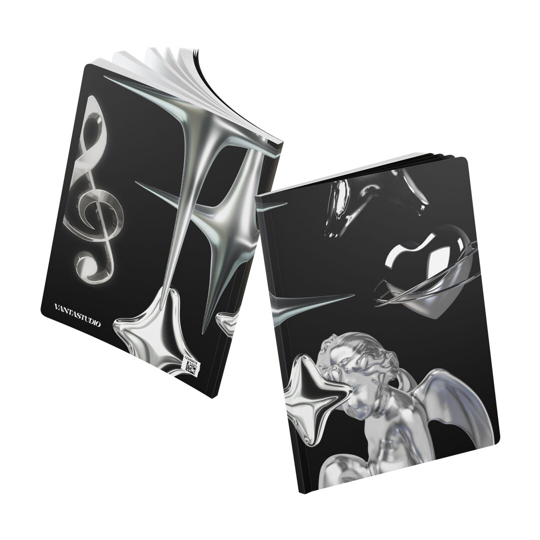 Monochrome Y2K Softcover Journal With 3D Silver Shapes, Trendy Notebook ...