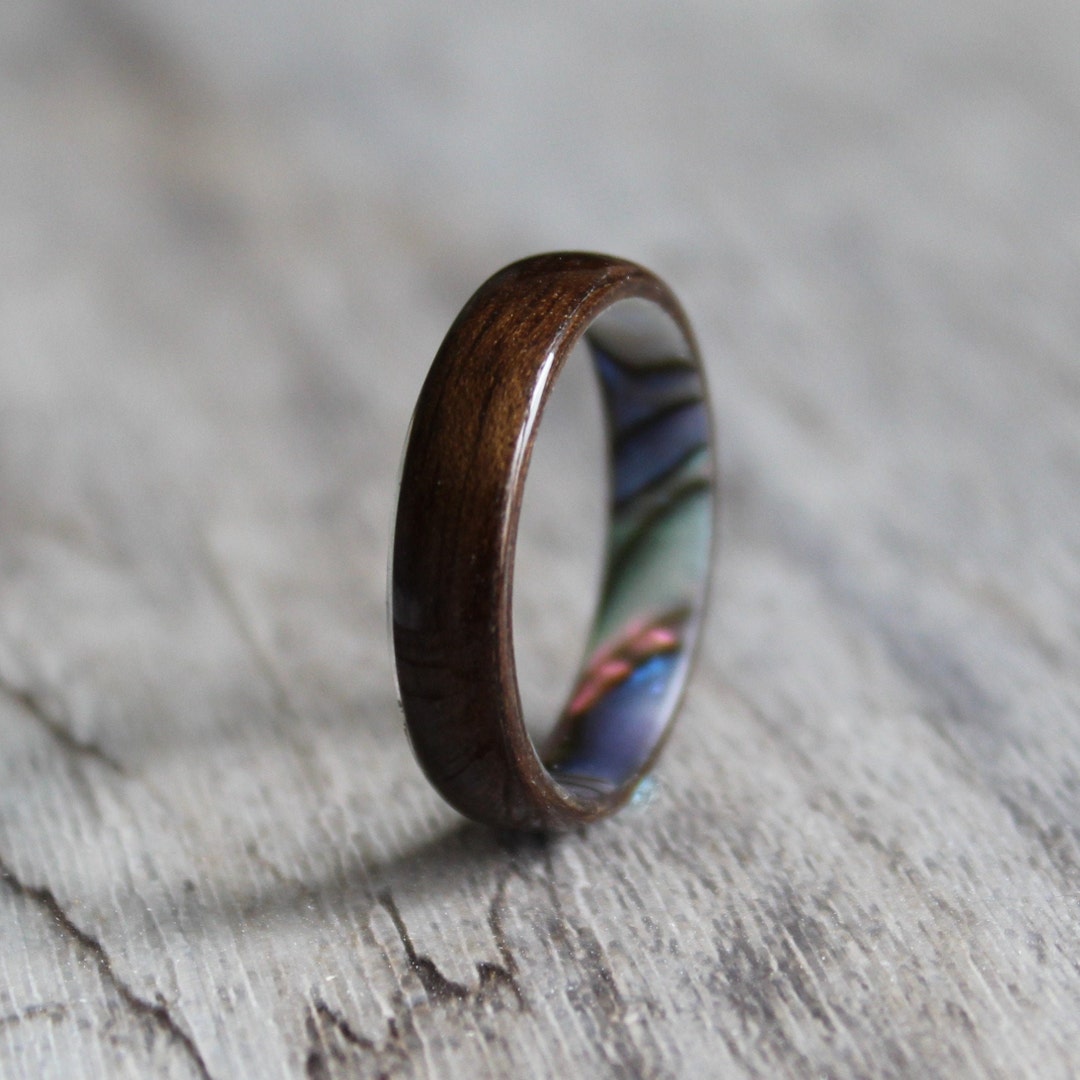 Wooden Ring With Abalone Lining Smoked Eucalyptus Bentwood Ring ...