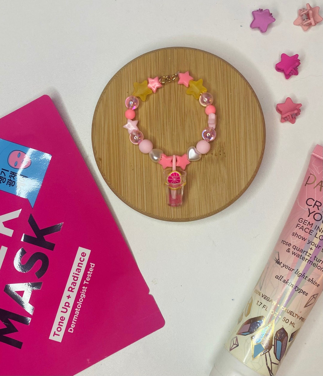 Kawaii Pink Grapefruit Boba Bracelet! With Yellow Stars - Etsy